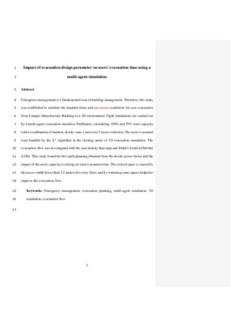 Pdf Impact Of Evacuation Design Parameter On Users Evacuation Time Using A Multi Agent Simulation