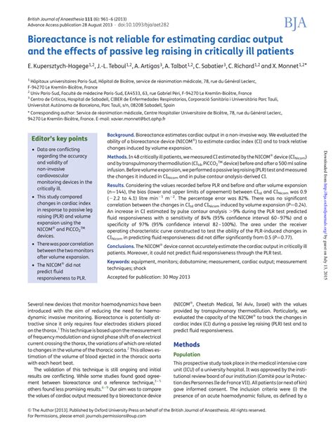 Pdf Bioreactance Is Not Reliable For Estimating Cardiac Output And The Effects Of Passive Leg