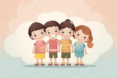 네 아이 친구 일러스트 배경으로 행복한 우정의 날 인사말 카드 프리미엄 Ai 생성 이미지
