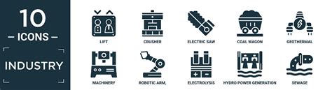 채워진 산업 아이콘 세트입니다 플랫 리프트 크러셔 전기 톱 석탄 마차 지열 기계 로봇 팔 전기 분해 수력 발전 편집 가능한 형식의 하수 아이콘이 포함되어 있습니다 과학에