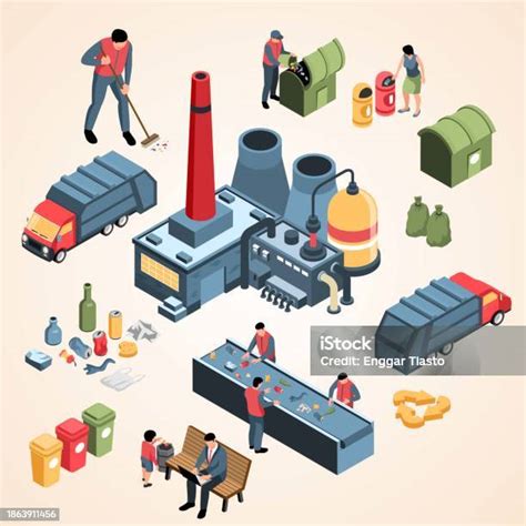 아이소 메트릭 쓰레기 폐기물 재활용 세트 폐기물 수집 분류 불타는 산업 시설 인간 캐릭터 벡터 일러스트 레이 션 0명에 대한 스톡 벡터 아트 및 기타 이미지 Istock