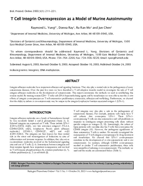 Pdf T Cell Integrin Overexpression As A Model Of Murine Autoimmunity Donna Ray