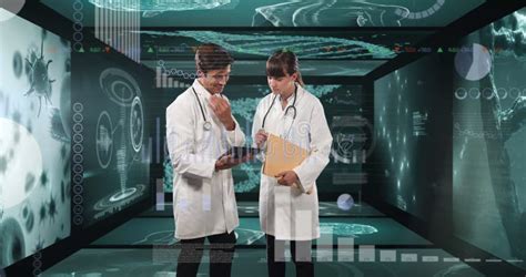 Image Of Medical Data Processing Over Male And Female Doctor Using