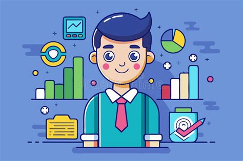 A Cheerful Cartoon Character Analyzes Data With Various Charts And