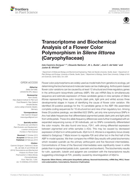 Pdf Transcriptome And Biochemical Analysis Of A Flower Color Polymorphism In Silene Littorea