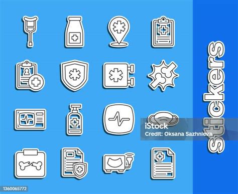 세트 라인 환자 기록 의료 보호 마스크 관절 통증 무릎 통증 위치 병원 생명 보험 목발 목발 및 응급 아이콘의 스타 벡터 건강 진단에 대한 스톡 벡터 아트 및 기타 이미지