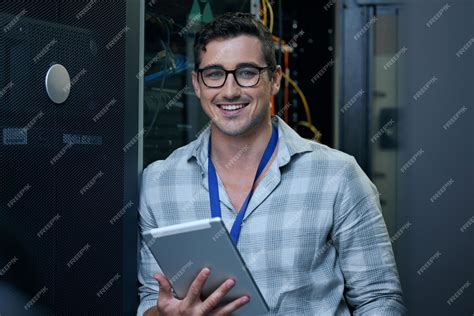 Premium Photo Engineer Server Room And Portrait Of A Man With A Tablet For Programming