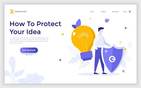 저작권 기호가 있는 방패가 있는 전구를 보호하는 남자가 있는 랜딩 페이지 템플릿 저작자의 아이디어 또는 지적 재산권 보호의 개념 현대 평면 벡터 일러스트 레이 션 가공의