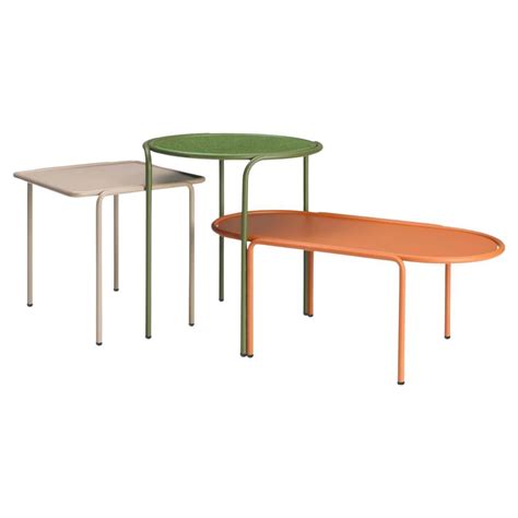 Three Geometry Design Tables With Metal Or Laminate Tops Indoor