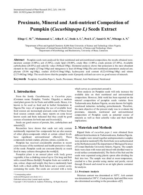 Pdf Proximate Mineral And Anti Nutrient Composition Of Pumpkin Cucurbitapepo L Seeds Extract