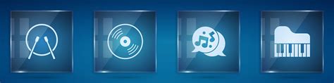드럼 및 드럼 스틱 비닐 디스크 음표 음색 및 그랜드 피아노를 설정합니다 정사각형 유리 패널 벡터 Dj에 대한 스톡 벡터 아트