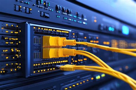 High Speed Ethernet Cables Connected To Internet Switch In Modern Data Center Information