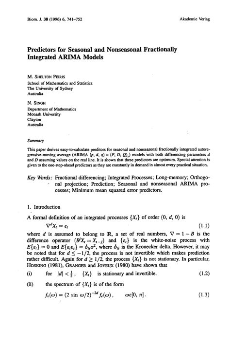 Pdf Predictors For Seasonal And Nonseasonal Fractionally Integrated Arima Models