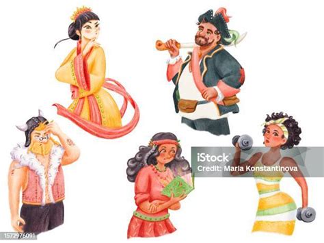 수채화 세트 민족 의상을 입은 중국 공주 운동선수 아프리카계 미국인 학생 마법의 책을 든 마녀 해적과 고대 스칸디나비아 바이킹 할로윈 의상 격리된 그림입니다 건강한 생활