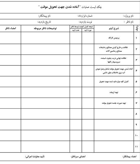 نمونه چک لیست عملیات آماده شدن جهت تحویل موقت