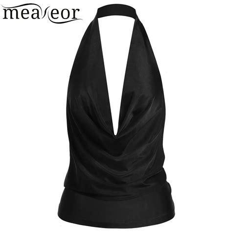 Meaneor Halter Pleated Solid Backless Sexy Tops Women Deep V Neck