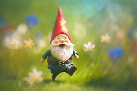 Garden Gnome Smiling And Running In Meadow Stock Illustration Illustration Of Fanciful