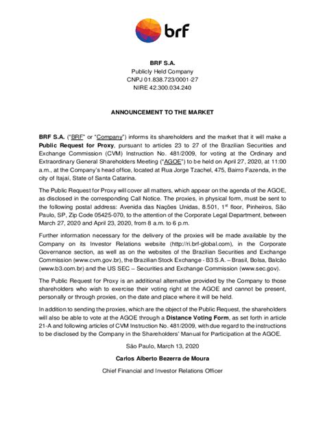 fillable online brf s a publicly held company form 6 k fax email