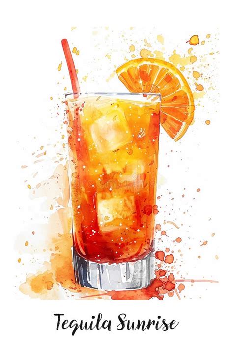 Watercolor Illustration Of A Tequila Sunrise Cocktail Isolated On White