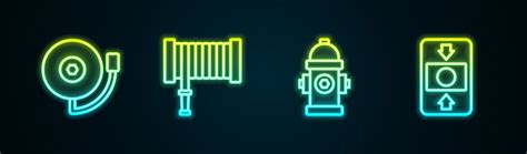 라인 울리는 알람 벨 소방 호스 릴 소화전 및 시스템을 설정합니다 빛나는 네온 아이콘입니다 벡터 0명에 대한 스톡 벡터 아트 및 기타 이미지 Istock