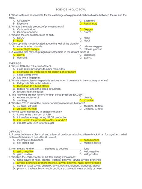 Grade 10 Science Quiz Bowl Pdf
