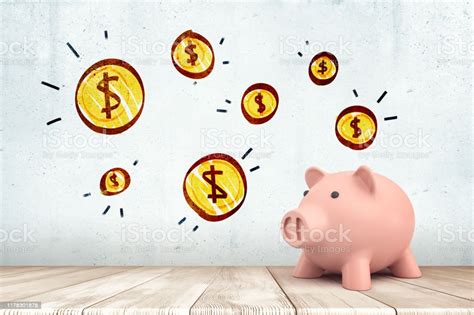 흰색 벽 배경에 만화 달러 동전 흰색 나무 바닥에 분홍색 돼지 저금통의 3d 렌더링 0명에 대한 스톡 사진 및 기타 이미지 0명 3차원 형태 개념 Istock