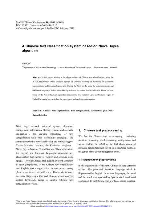 pdf a chinese text classification system based on naive bayes algorithm