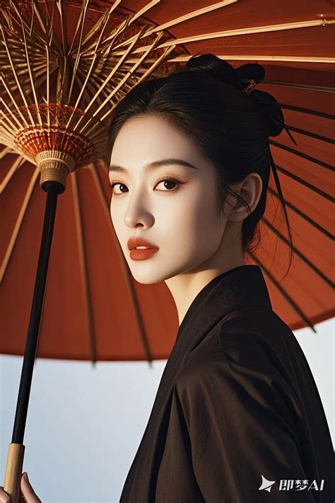摄影艺术，大师级构图，极致的细节，人物肖像，东方女生，高级脸，绝美五官，简约时尚穿搭，大气，红色油纸伞元素，暖色渐变背景，高清，神秘，艺术，大面积留白，人体艺术摄影，电影构图，杂志构图，画面