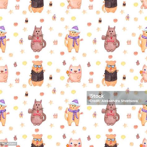 손으로 그린 수채화 이음새가 어린이 섬유용 고양이와 함께 매끄럽게 무늬가 있습니다 스크랩북 디자인 타이포그래피 포스터 라벨 배너 엽서 0명에 대한 스톡 벡터 아트 및 기타