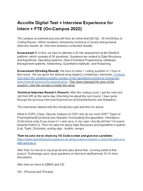 Accolite Digital Test Interview Experience For Intern Fte On Campus 2022 Pdf Object