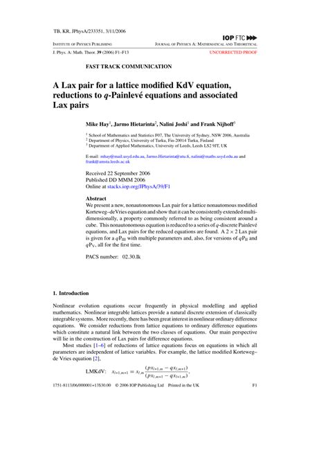 Pdf A Lax Pair For A Lattice Modified Kdv Equation Reductions To Q