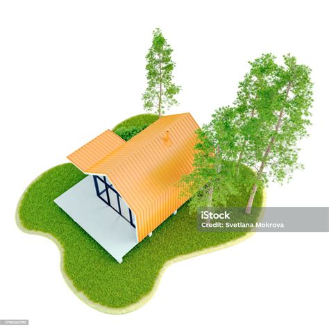 스칸디나비아 스타일의 헛간에서 녹색 잔디와 전나무 나무가있는 섬에 오렌지 지붕이있는 현대적인 작은 프레임 작은 집을 가장 많이