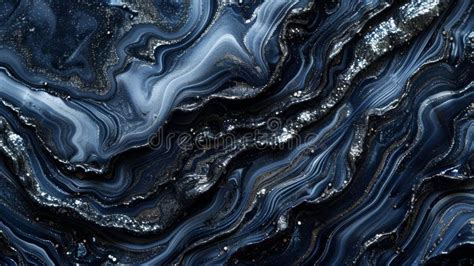 The Smooth Surface Of Obsidian Displaying Swirls Of Deep Navy Blue And Shining Silver Giving It