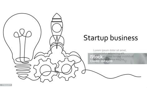 기어 조명 아이디어 및 로켓 발사 선박의 연속 선 그리기 연속 선 그리기 스타트업 사업 벡터 그림입니다 흰색 배경에 격리되어
