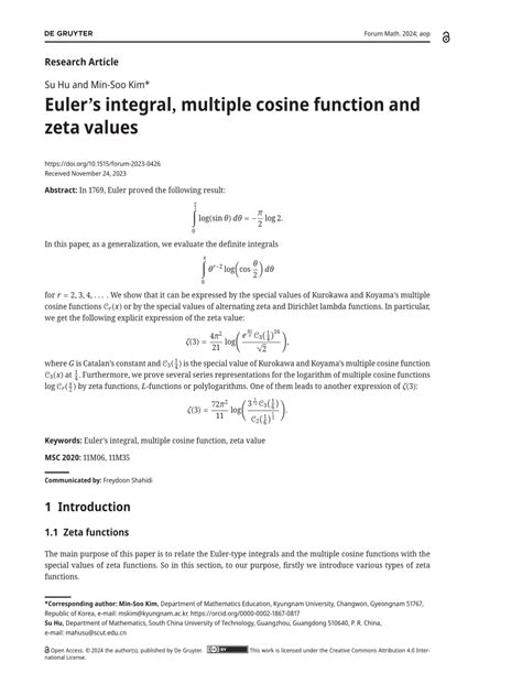 Pdf Eulers Integral Multiple Cosine Function And Zeta Values