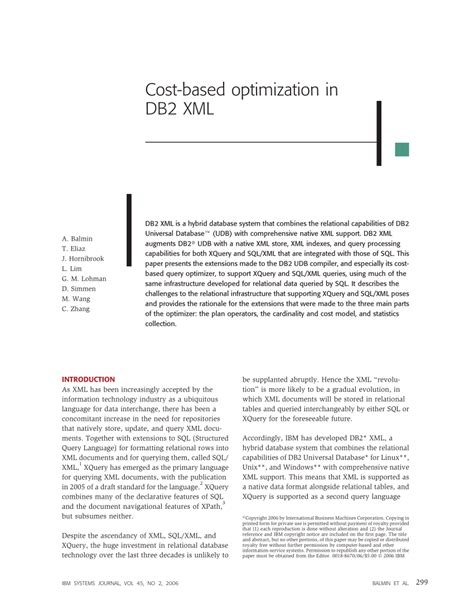 Pdf Cost Based Optimization In Db2 Xml