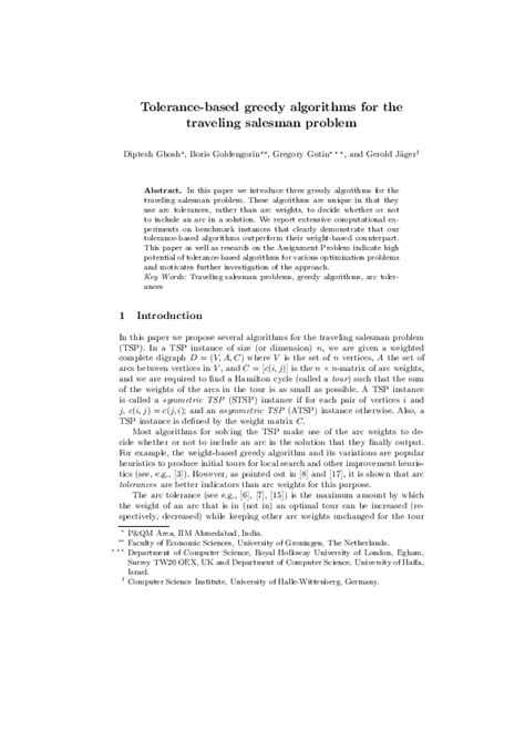 Pdf Tolerance Based Greedy Algorithms For The Traveling Salesman Problem