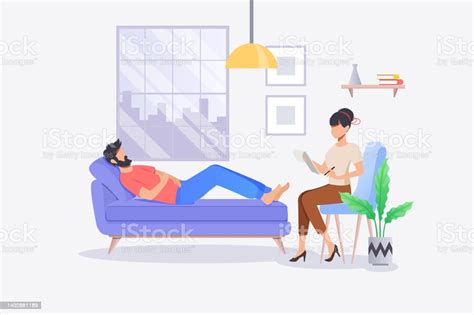 소파에 환자가있는 치료사 사무실에서 심리 치료 실습 심리학 치료 상담의 만화 삽화 환자와 함께 앉아서 이야기하는 여성 심리상담용 쇼파에 대한 스톡 벡터 아트 및 기타 이미지