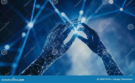 Human Hands Reaching Towards Glowing Connections In A Digital Network During A Futuristic