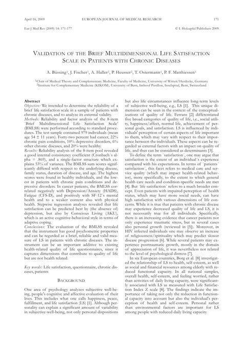 Pdf Validation Of The Brief Multidimensional Life Satisfaction Scale In Patients With Chronic