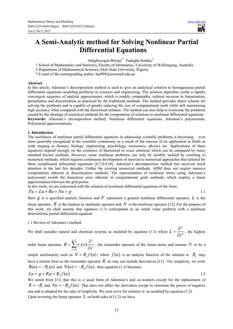 A Semi Analytic Method For Solving Nonlinear Partial Differential Equations Pdf