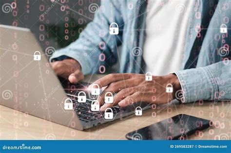 Businessman Protects Personal Information Encryption With Padlock Icon Cyber Security Concept