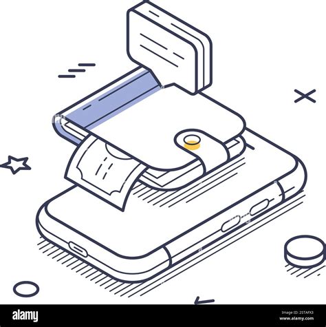 Isometric Line Art Icon Shows A Smartphone With A Digital Wallet