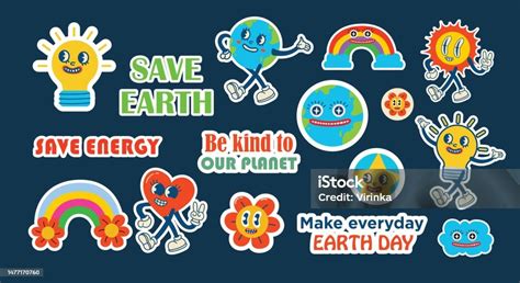 트렌디 한 복고풍 만화 스타일의 행성 스티커를 저장하십시오 지구의 날 포스터 세트입니다 세계 환경의 날 엽서 행성 지구 태양과
