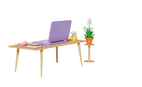 3d Laptop Computer On Table With Desk In Office Coffee Cup Plane Textbook Book Flower Pot