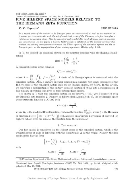 Five Hilbert Space Models Related To The Riemann Zeta Function