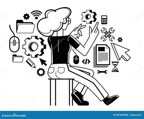 Woman Technician Computer Engineer Repairing Pc Vector Outline Illustration Fixing System Work
