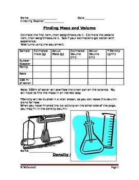 ALesson Mass Volume Density Worksheet By Naomi McDonnell TpT