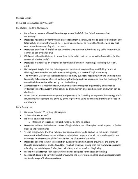 Meditations On First Philosophy Marissa Lymon Phil 2010 Introduction To Philosophy Meditations