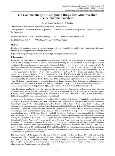 Pdf On Commutativity Of Semiprime Rings With Multiplicative Generalized Derivations